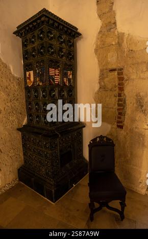 Vintage carved stone fireplace in the medieval Gothic style Stock Photo ...