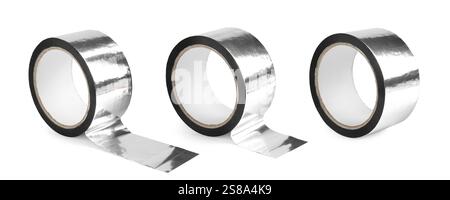 Silver adhesive tape, set. Rolls isolated on white Stock Photo - Alamy