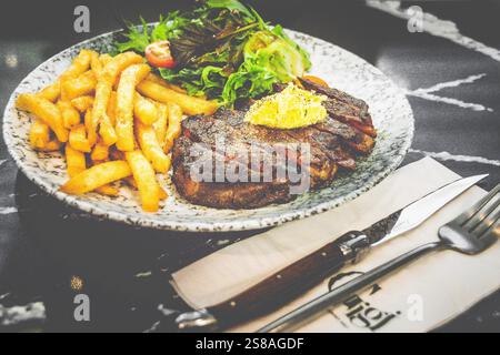 RIBEYE STEAK 300g signature Australian ribeye with mixed salad, fries ...