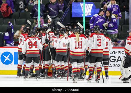 The Minnesota Frost celebrate after a win over the Toronto Sceptres in a PWHL hockey playoff ...