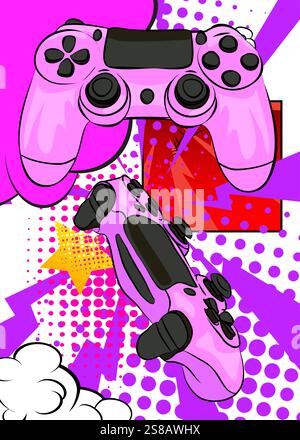 Cartoon Gaming controller, comic book Joystick. Retro vector comics pop ...