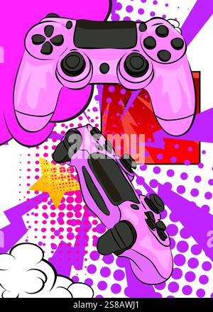 Cartoon Gaming controller, comic book Joystick. Retro vector comics pop ...