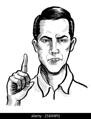 Man warning with a finger. Hand-drawn black and white illustration ...