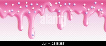 Pink candy drips with scattered pearls on transparent background ...