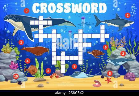 Vector under the sea crossword puzzle for kids. Simple ocean life quiz ...