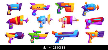 Futuristic cartoon blasters. Sci fi ray guns, space age weapons cartoon ...