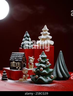 Christmas candy colorful and gift boxes on black background, top view ...