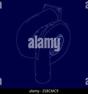 Blue drawing of a car turbo part of engine with a turbo. The drawing is ...