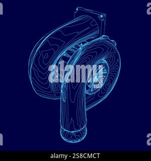 Blue drawing of a car turbo part of engine with a turbo. The drawing is ...