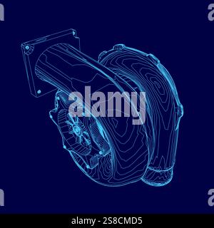 Blue drawing of a car turbo part of engine with a turbo. The drawing is ...
