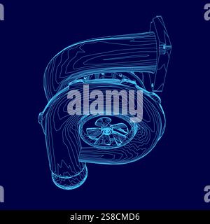 Blue drawing of a car turbo part of engine with a turbo. The drawing is ...