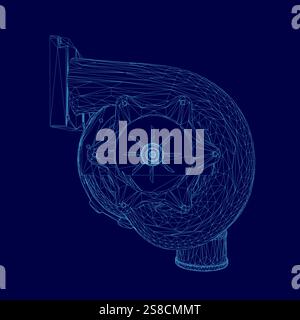 Blue drawing of a car turbo engine with a blue background. The engine ...