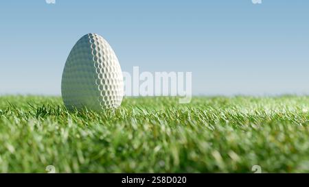 Easter golf ball shaped like an egg on grass under a clear blue sky. 3d ...