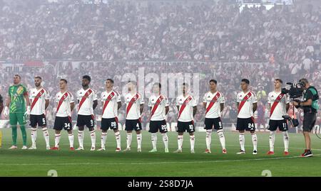 River Plates players sing the national anthem before a friendly match ...