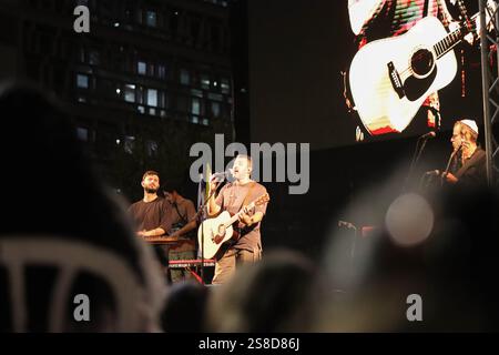 Israeli singer Ishay Ribo performs at Hostages Square in Tel Aviv ...