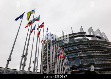 22 January 2025, France, Straßburg: The flags of the member states of ...