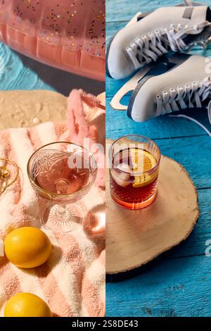 Banner for winter sale with ice skates and mittens on brown background ...