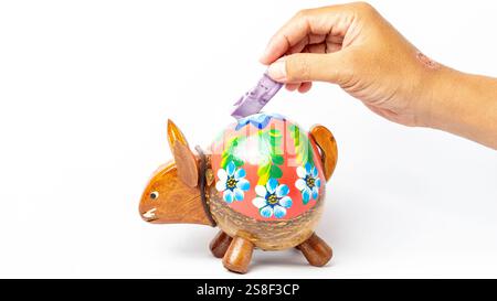 Saving money handmade piggy bank made from coconut shell in the shape ...