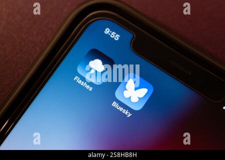 Flashes and Bluesky Social logos are shown on an iPhone. Flashes app is ...
