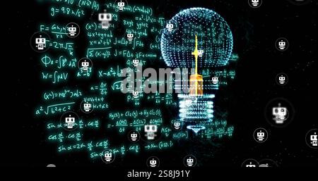 Image of light bulb with ai icons over mathematical equations on blue ...