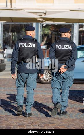 City patrol by Italian police, protecting the town's central district ...