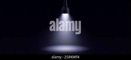 Flashlight beam in darkness creating searchlight effect on transparent ...