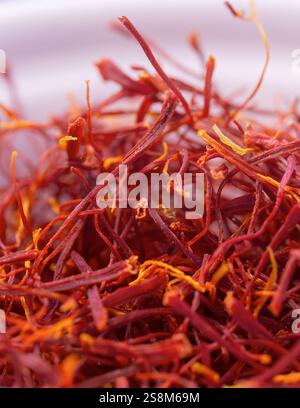 Saffron threads pile, close up, above view. Crocus sativus stamen ...