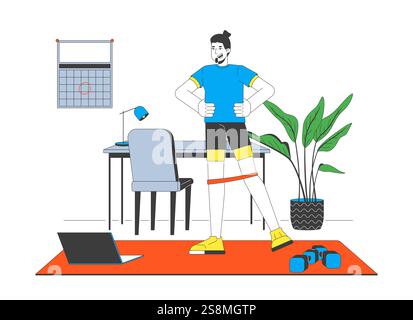 Home office workout session with resistance band linear illustration ...