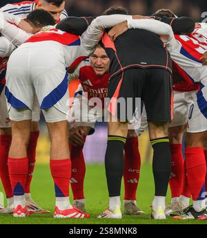 Arsenal team huddle before the start of the second half of the Premier ...