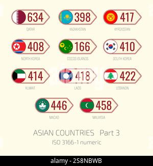 Set of vector illustrations of ISO 3166 1 alpha 2 and flags of Asian ...