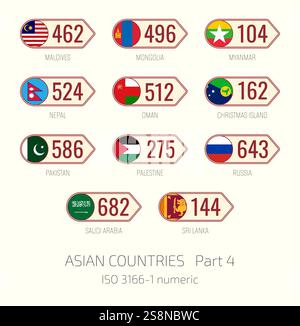 Set of vector illustrations of ISO 3166 1 alpha 2 and flags of Asian ...