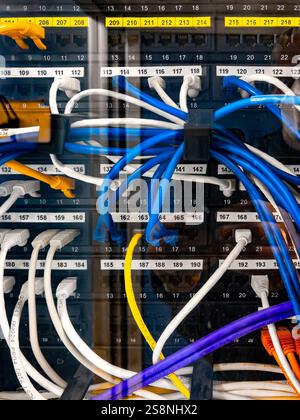 Server rack with internet patch cord cables connected to patch panel in ...