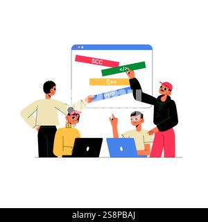 Team Collaboration With Coding Languages In Flat Vector Illustration ...