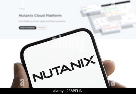 Nutanix logo is displayed on smartphone. Nutanix Inc is an American ...
