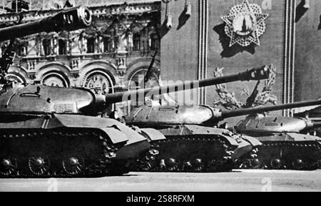Photograph taken during Moscow's May Day Parade showing heavy tanks ...