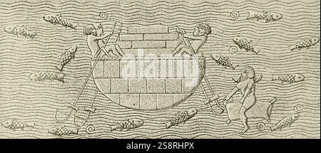 Engraving of a bas-relief depicting the Assyrian fish-tailed god Oannes ...