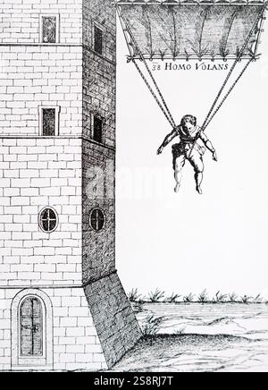 Engraving depicting the use of an early parachute, in Venice, Italy ...