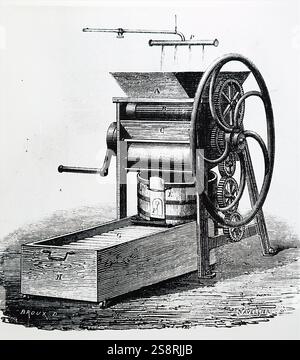 Engraving depicting the use of a hand-powered butter working machine in ...