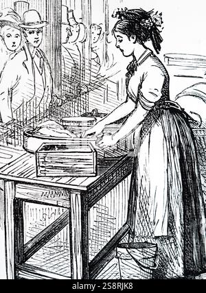 Engraving depicting a butter maid making butter. Dated 19th Century ...