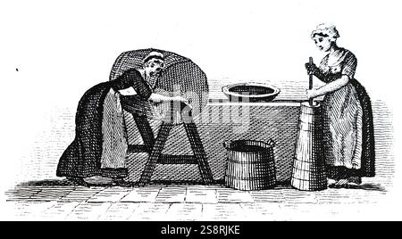 Engraving depicting a butter maid making butter. Dated 19th Century ...