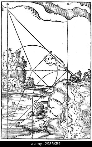 Engraving depicting a gunner firing ball from a mortar. Path of the ...