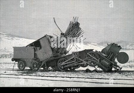 Illustration depicting the aftermath of a major train accident. Dated ...