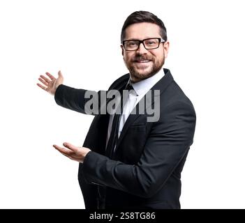 Happy businessman welcoming clients or partners on white background ...