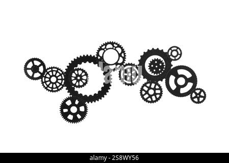 Black paper gears on white background Stock Photo - Alamy