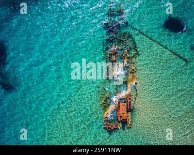 Epanomi boat shipwreck drone aerial view on the sea of Greece Stock ...
