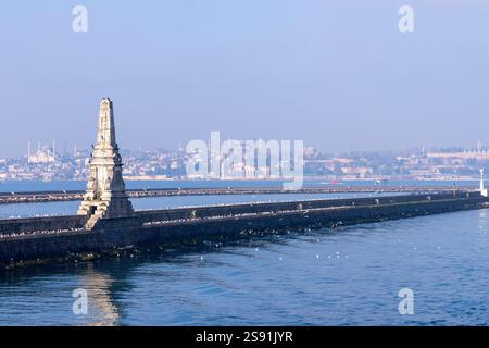 Istanbul Breakwater and iconic lighthouse with historical cityscape in ...