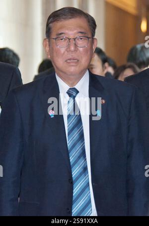 Japan's Prime Minister Shigeru Ishiba responds to questions at a ...