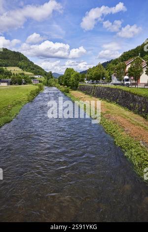 River Kinzig, hilly landscape with forest, meadow and trees, blue sky ...