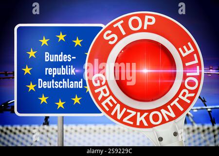 Fotomontage Symbolbild: Polizeikelle mit der Aufschrift STOP GRENZKONTROLLE vor einem ...
