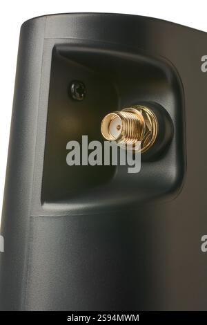 close-up of black detachable fiber optic wifi router antenna isolated ...